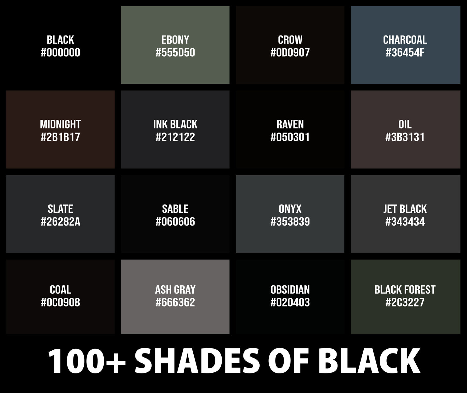 100+ Shades of Black Color (Names, HEX, RGB, & CMYK Codes ...
