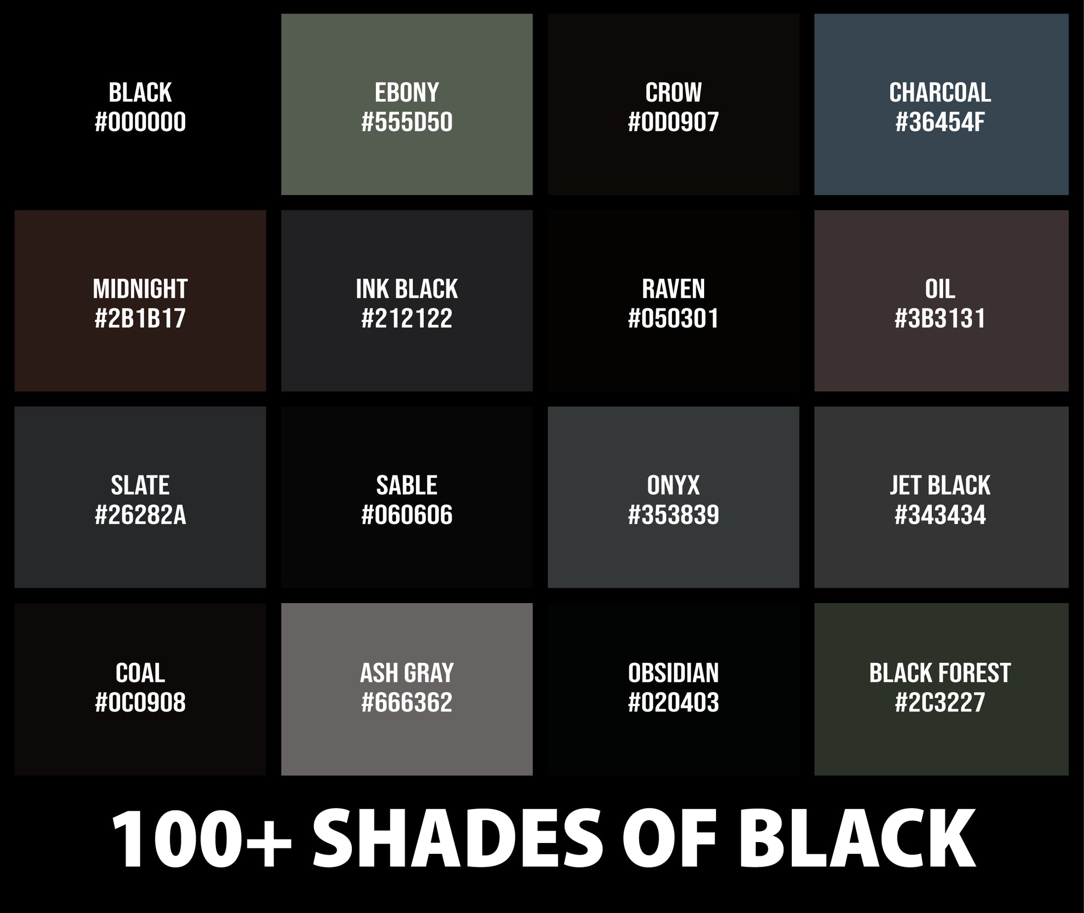 100+ Shades of Black Color (Names, HEX, RGB, & CMYK Codes ...