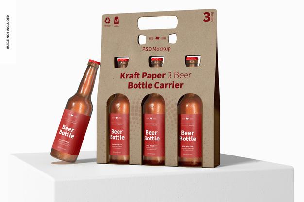Free Kraft Paper 3 Beer Bottle Carrier Mockup, On Surface Psd ...