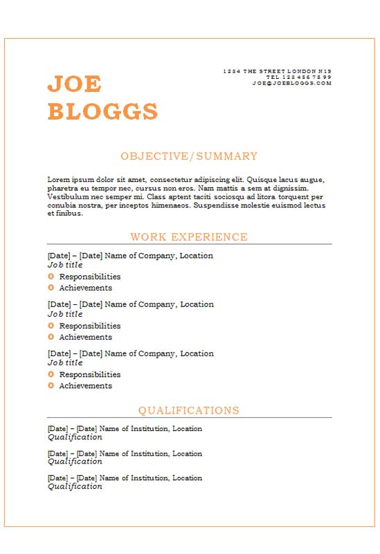 Free Neat Orange Text Only CV Resume Template in Microsoft Word (DOCX ...
