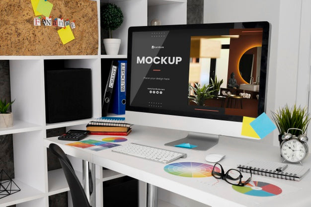 Free Office Desk Mock-Up With Computer Psd – CreativeBooster