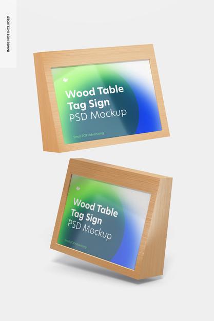 Free Wood Table Advertising Tag Signs Mockup, Floating Psd ...